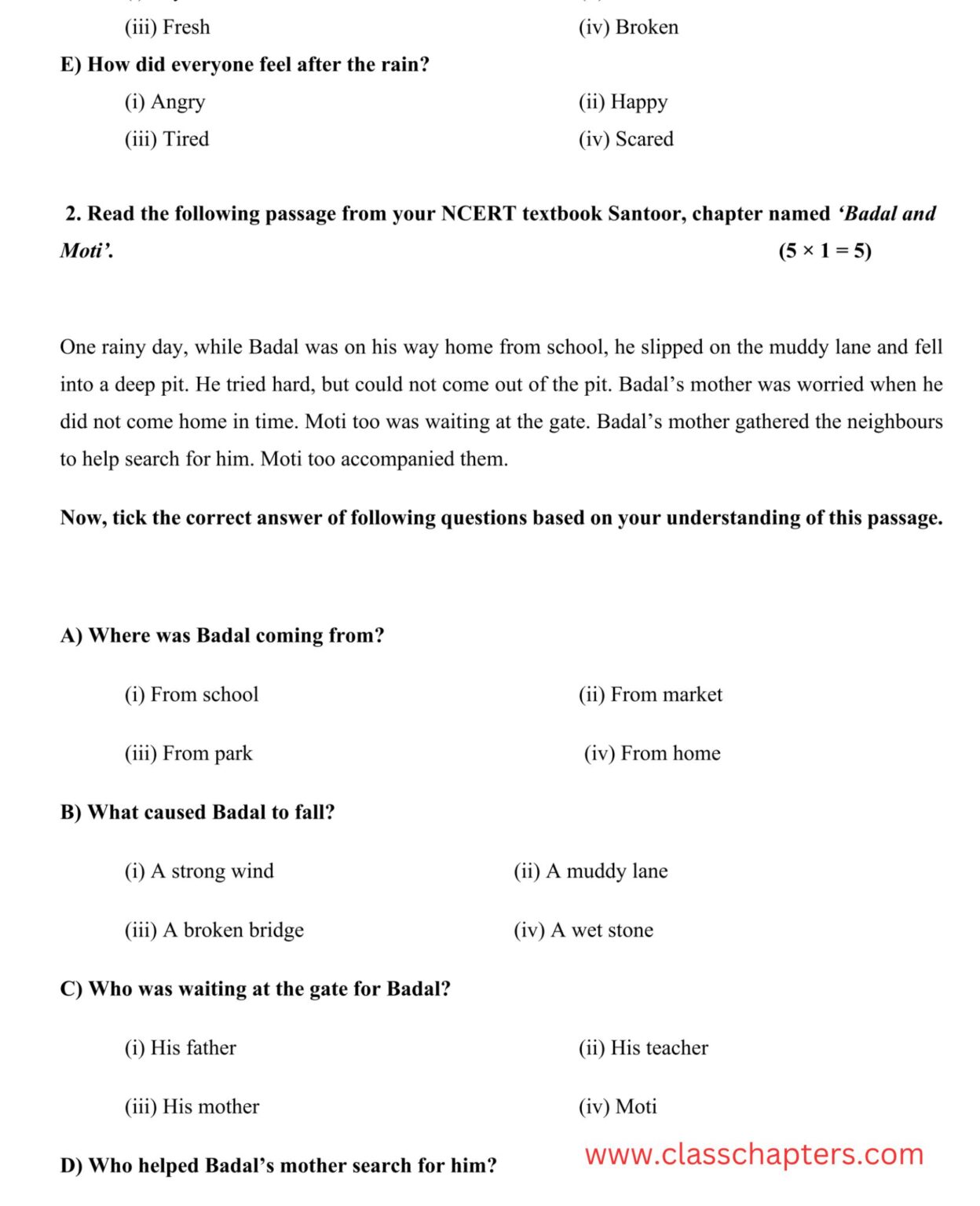 Class 3 English mid term exam model paper - class chapters